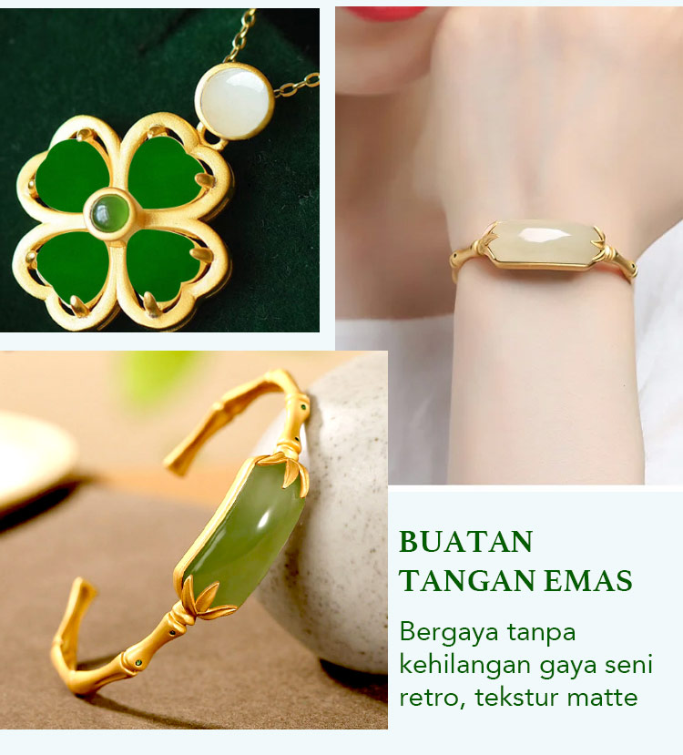 24K Vietnam Sand Gold Hetian Jade Kalung dan Gelang Semanggi Empat Daun